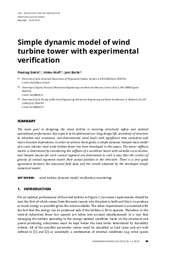 (PDF) Simple dynamic model of wind turbine tower with experimental ...