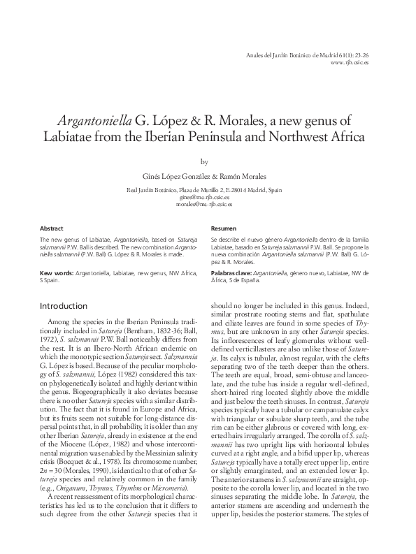 (PDF) Argantoniella G. López & R. Morales, a new genus of Labiatae from ...