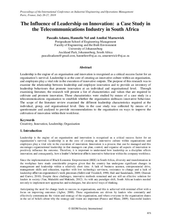 (PDF) The Influence of Leadership on Innovation : a Case Study in the ...