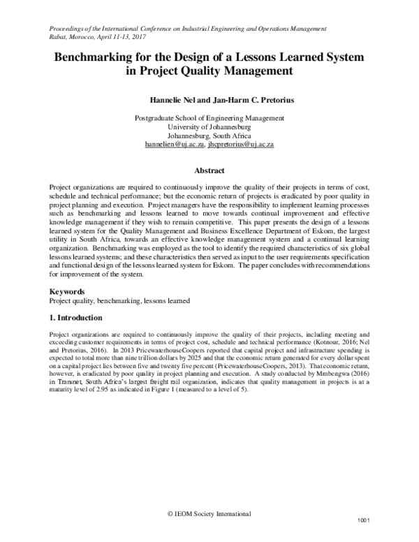 (PDF) Benchmarking for the Design of a Lessons Learned System in ...