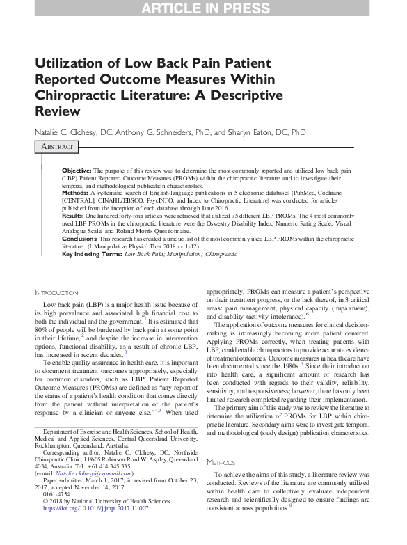 (PDF) Utilization of Low Back Pain Patient Reported Outcome Measures Within Chiropractic ...