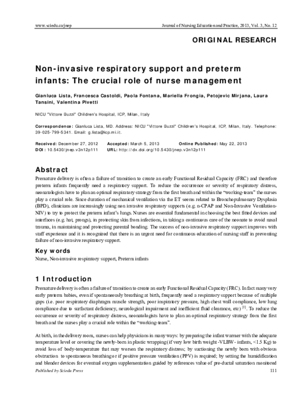 (PDF) Non-invasive respiratory support and preterm infants: The crucial ...
