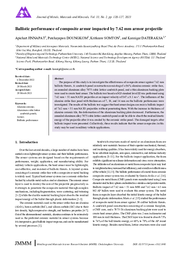 (PDF) Ballistic performance of composite armor impacted by 7.62 mm armor projectile
