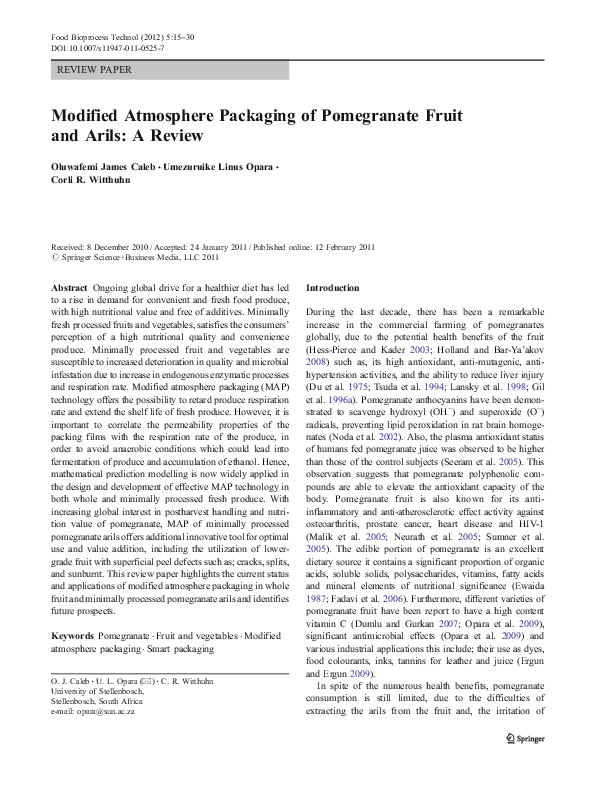 (PDF) Modified Atmosphere Packaging of Pomegranate Fruit and Arils: A Review