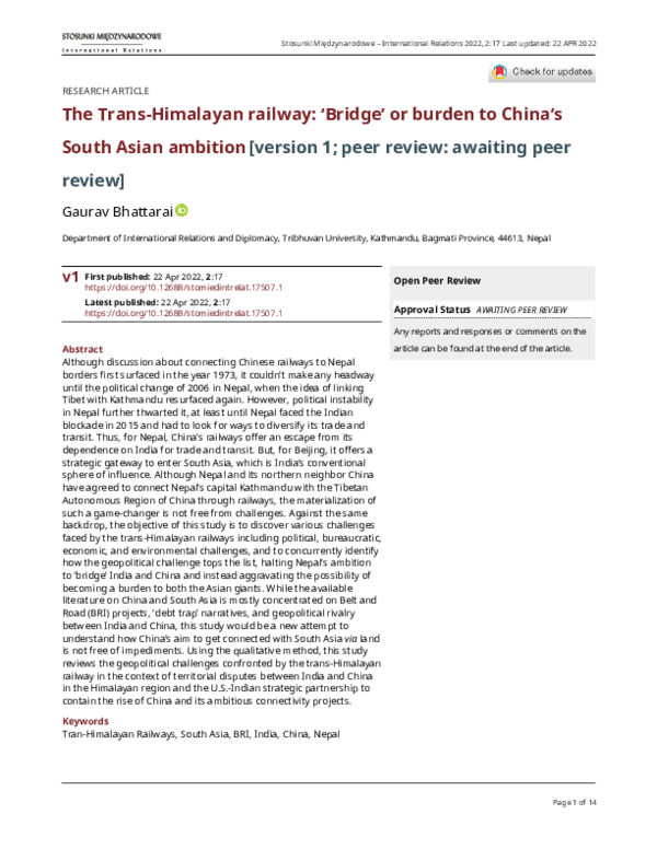 (PDF) The Trans-Himalayan railway: ‘Bridge’ or burden to China’s South ...