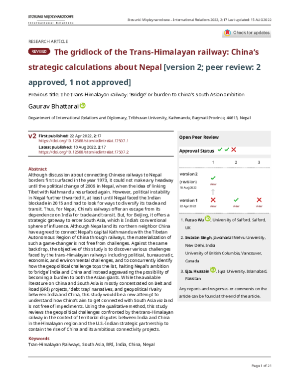 (PDF) The gridlock of the Trans-Himalayan railway: China’s strategic ...