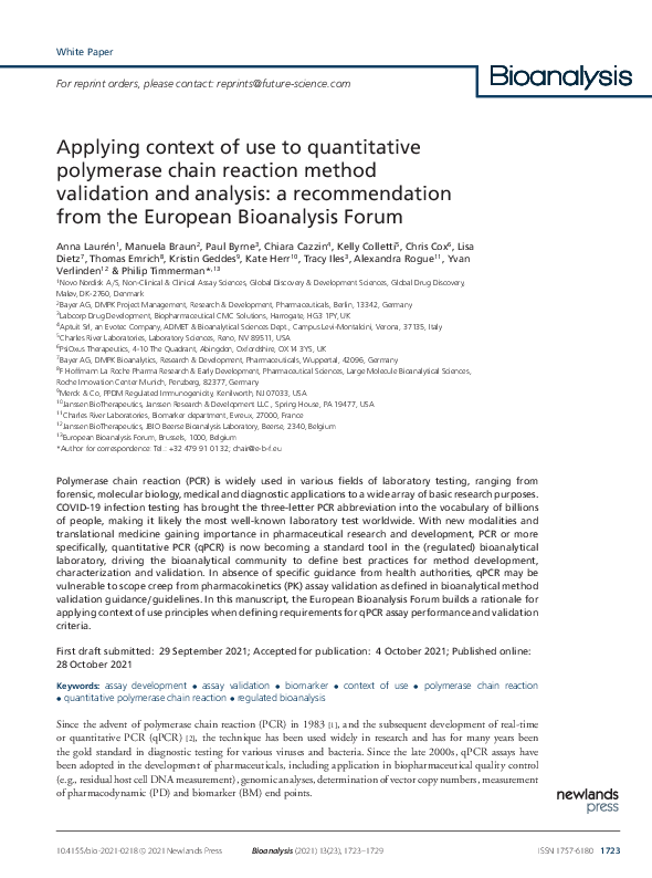 (PDF) Applying context of use to quantitative polymerase chain reaction method validation and ...