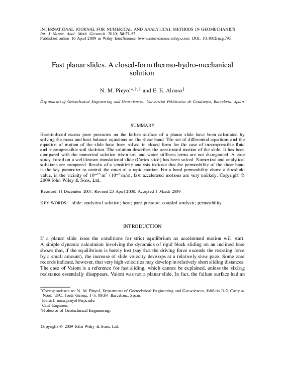 (PDF) Fast planar slides. A closed-form thermo-hydro-mechanical ...
