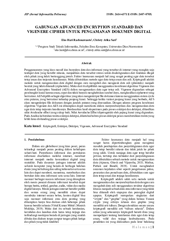 (PDF) Gabungan Advanced Encryption Standard Dan Vigenere Cipher Untuk Pengamanan Dokumen Digital
