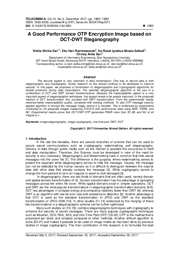 (PDF) A Good Performance OTP Encryption Image based on DCT-DWT Steganography