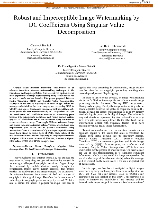 (PDF) Robust and Imperceptible Image Watermarking by DC Coefficients Using Singular Value ...