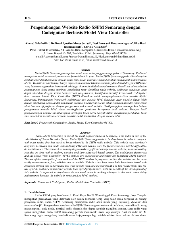 (PDF) Pengembangan Website Radio SSFM Semarang dengan Codeigniter Berbasis Model View Controller