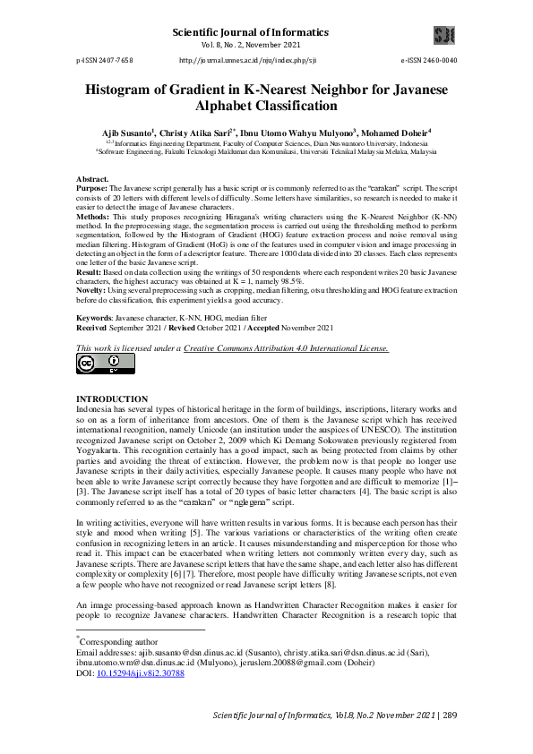 (PDF) Histogram of Gradient in K-Nearest Neighbor for Javanese Alphabet ...