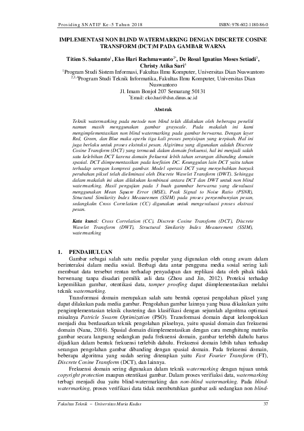 (PDF) Implementasi Non Blind Watermarking Dengan Discrete Cosine Transform (DCT)M Pada Gambar Warna