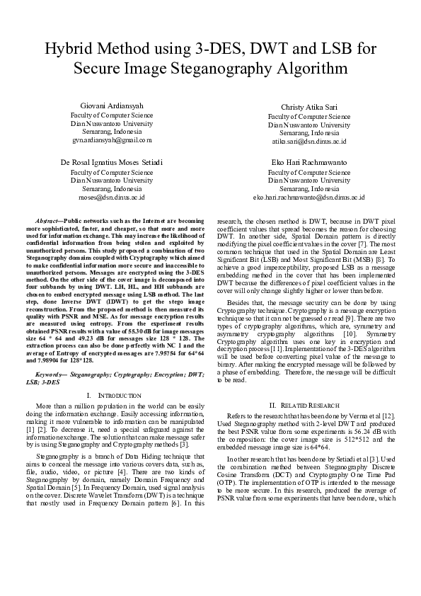 (PDF) Hybrid method using 3-DES, DWT and LSB for secure image steganography algorithm