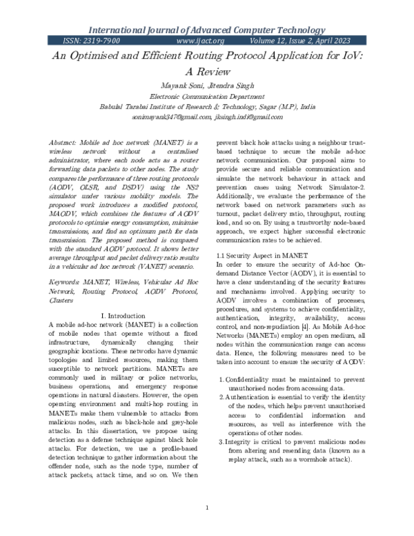 (PDF) An Optimised and Efficient Routing Protocol Application for IoV: A Review