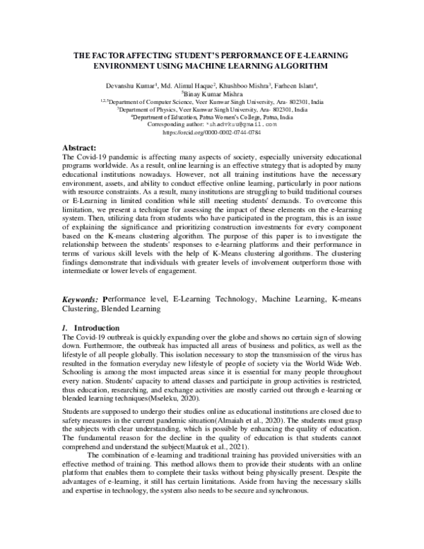 (PDF) The Factor Affecting Student’s Performance of E-Learning Environment Using Machine ...