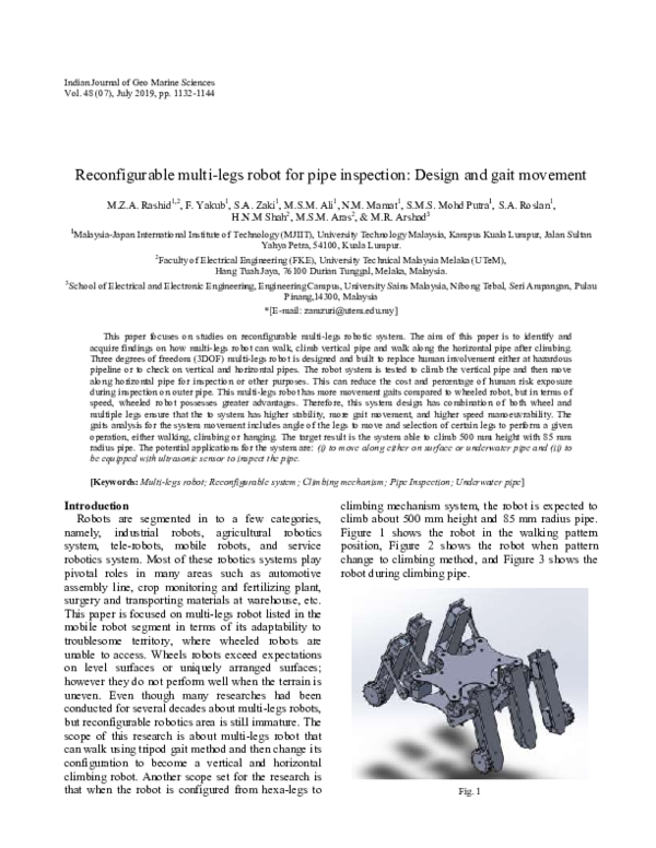 Pdf Reconfigurable Multi Legs Robot For Pipe Inspection Design And Gait Movement Shairatul