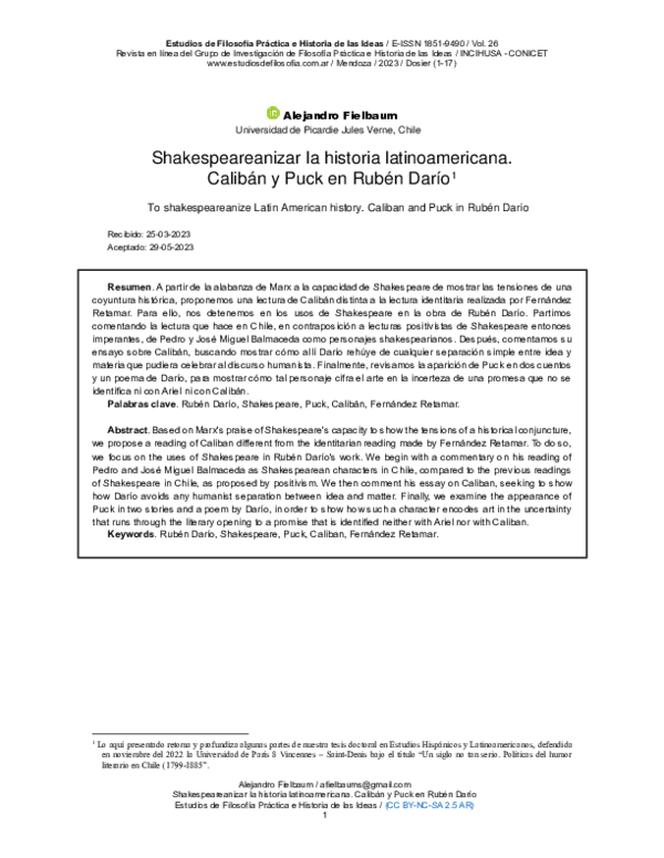 (PDF) Shakespeareanizar la historia latinoamericana. Calibán y Puck en ...