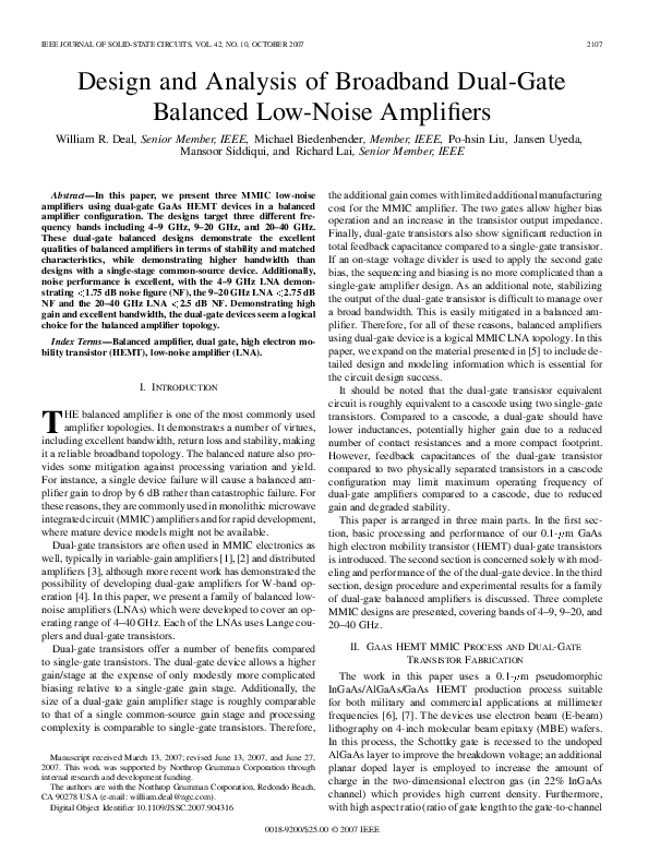 (PDF) Design and Analysis of Broadband Dual-Gate Balanced Low-Noise Amplifiers | M. Siddiqui ...