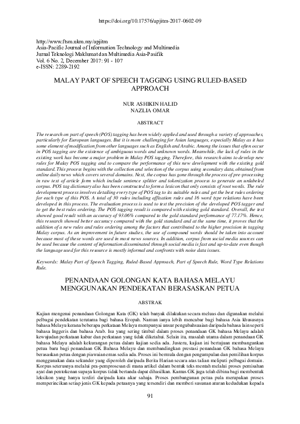 (PDF) Malay Part of Speech Tagging Using Ruled-Based Approach