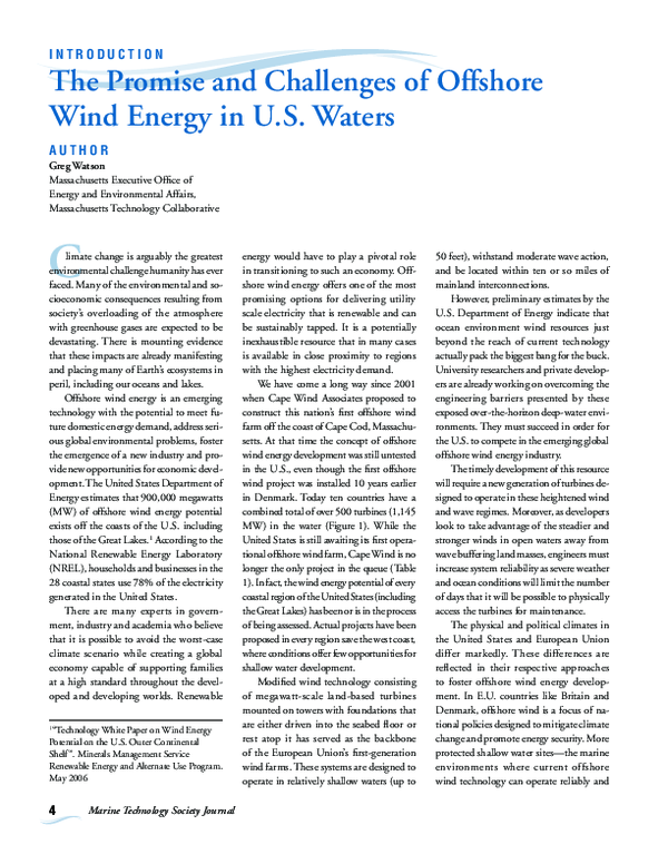 (PDF) The Promise and Challenges of Offshore Wind Energy in U.S. Waters