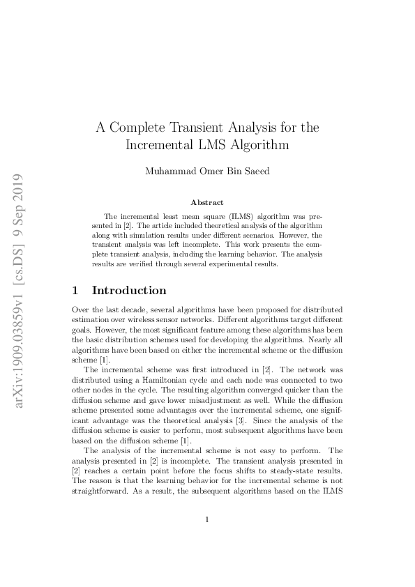 (PDF) A Complete Transient Analysis for the Incremental LMS Algorithm (PDF) A Complete Transient Analysis for the Incremental LMS Algorithm
