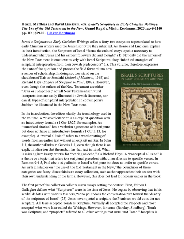 (PDF) Matthias Henze and David Lincicum, eds. Israel's Scriptures in Early Christian Writings ...