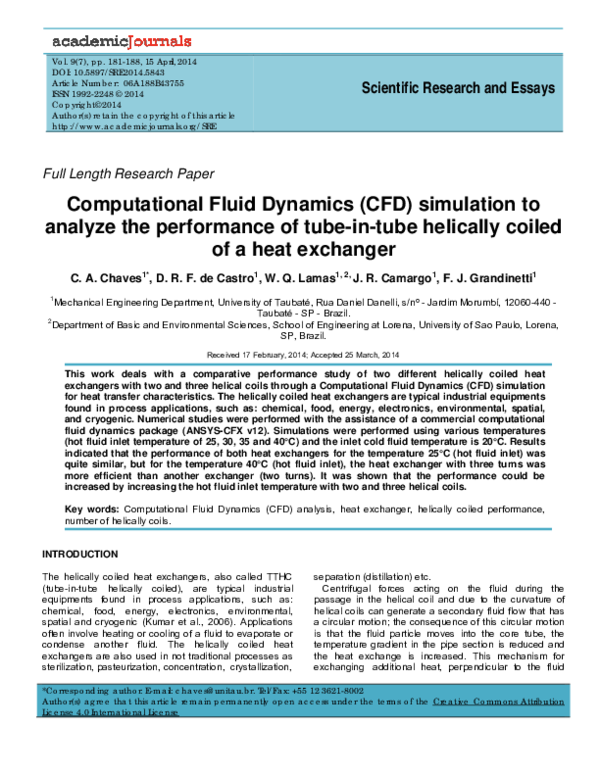 (PDF) Computational Fluid Dynamics (CFD) simulation to analyze the performance of tube-in-tube ...