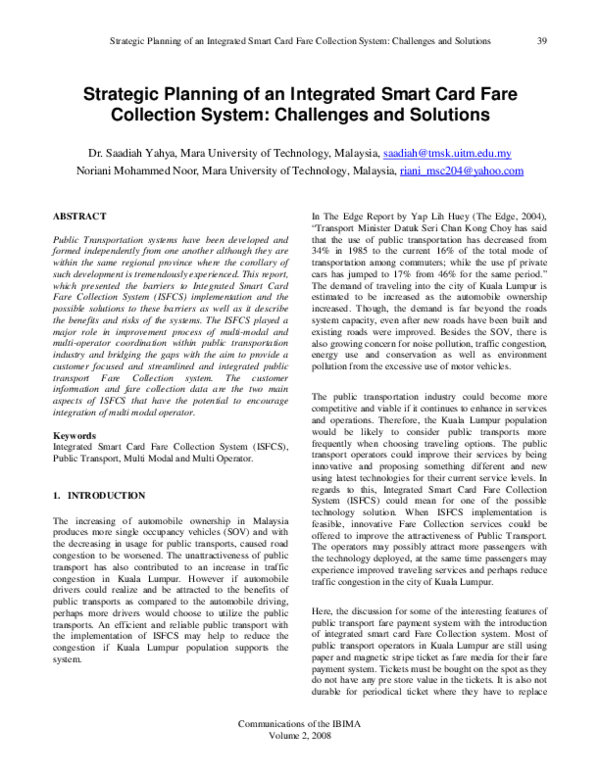 (PDF) Strategic Planning of an Integrated Smart Card Fare Collection ...