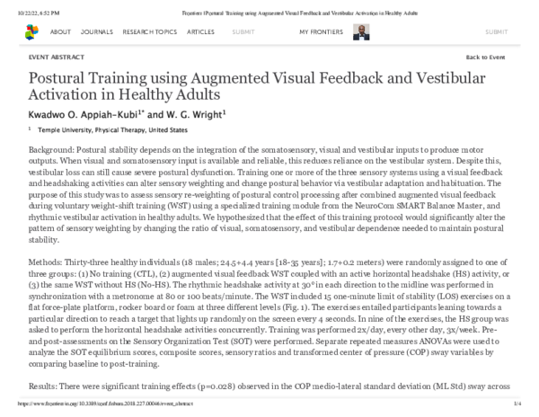 (PDF) Postural Training using Augmented Visual Feedback and Vestibular ...