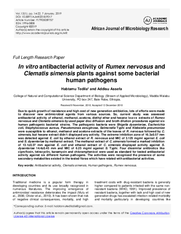 (PDF) In vitro antibacterial activity of Rumex nervosus and Clematis ...