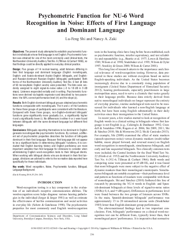 (PDF) Psychometric Function for NU-6 Word Recognition in Noise