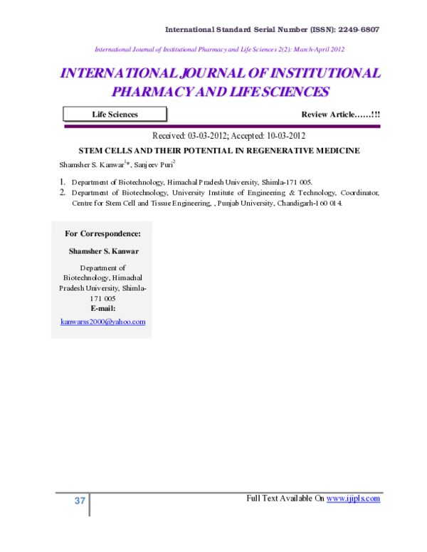 Pdf Stem Cells And Their Potential In Regenerative Medicine