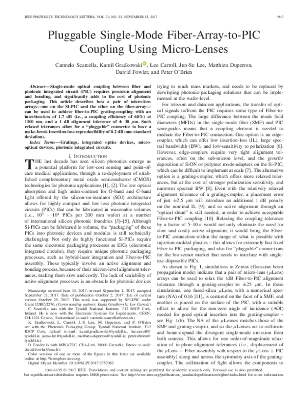(PDF) Pluggable Single-Mode Fiber-Array-to-PIC Coupling Using Micro-Lenses