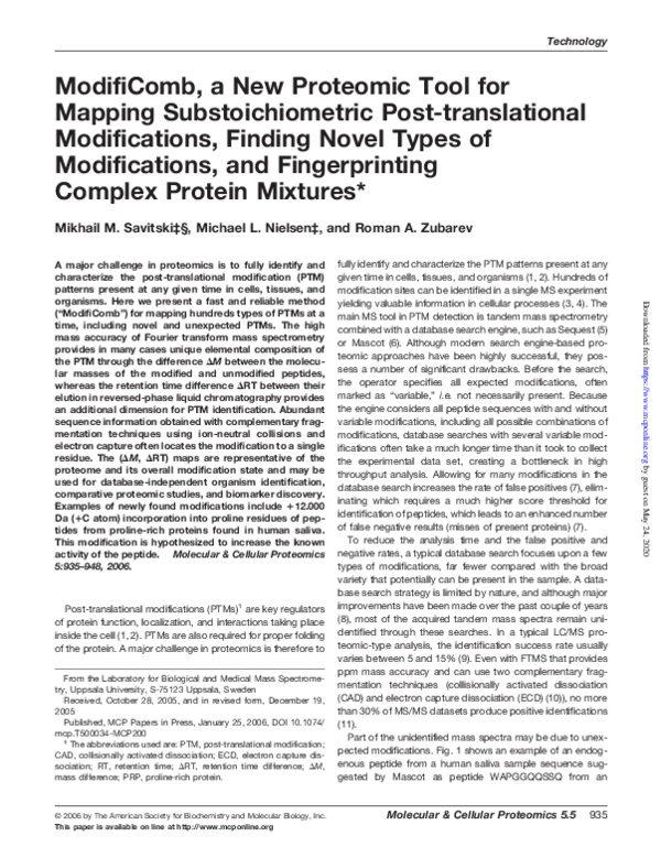 (PDF) ModifiComb, a New Proteomic Tool for Mapping Substoichiometric Post-translational ...