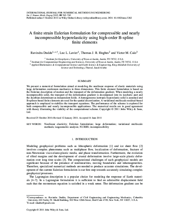 (PDF) A finite strain Eulerian formulation for compressible and nearly incompressible ...