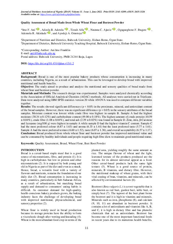 (PDF) Quality assessment of bread made from whole wheat flour and beetroot powder