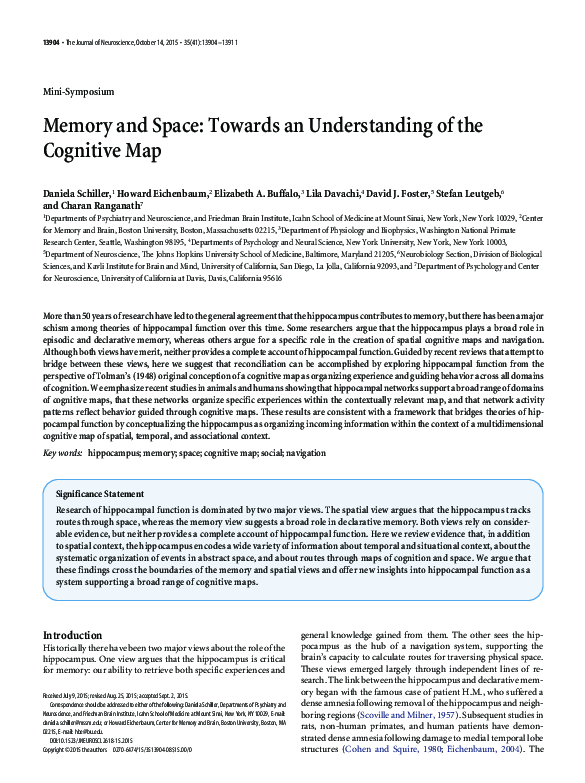 (PDF) Memory and Space: Towards an Understanding of the Cognitive Map