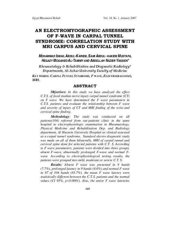 (PDF) An Electromyographic Assessment of F-Wave in Carpal Tunnel Syndrome: Correlation Study ...