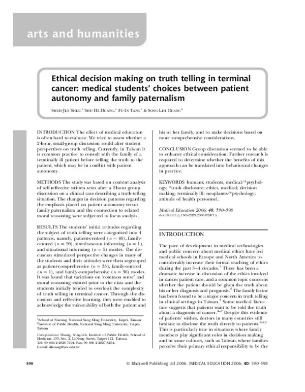 (PDF) Ethical decision making on truth telling in terminal cancer ...