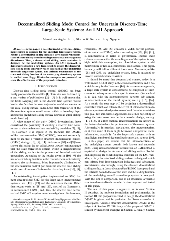 Pdf Decentralized Sliding Mode Control For Uncertain Large Scale Systems