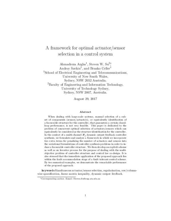 (PDF) A framework for optimal actuator/sensor selection in a control system