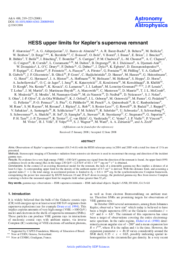 (PDF) HESS upper limits for Kepler's supernova remnant