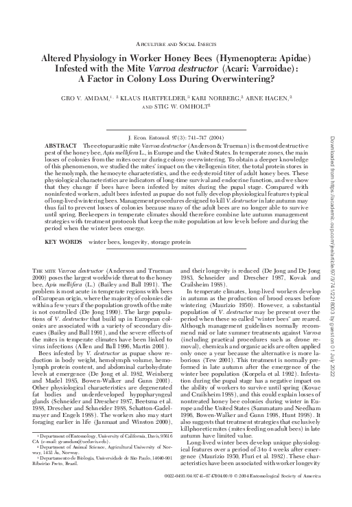 (PDF) Altered Physiology in Worker Honey Bees (Hymenoptera: Apidae) Infested with the Mite ...