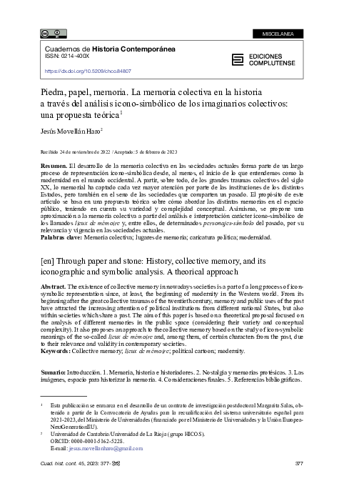 (PDF) Piedra, papel, memoria. La memoria colectiva en la historia a través del análisis icono ...