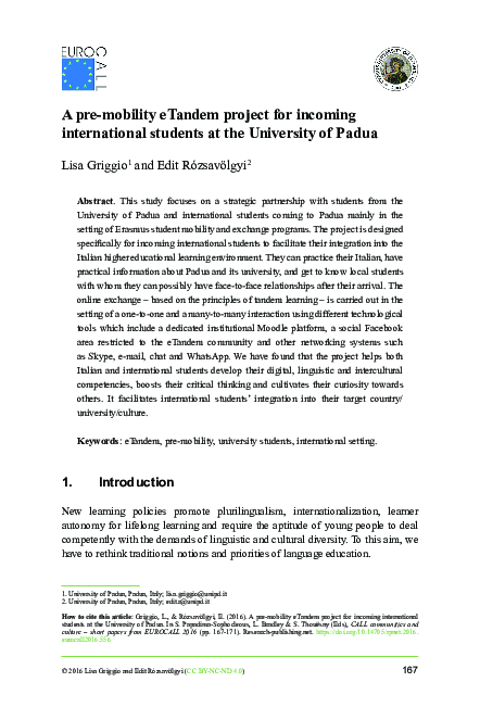 (PDF) A pre-mobility eTandem project for incoming international students at the University of Padua
