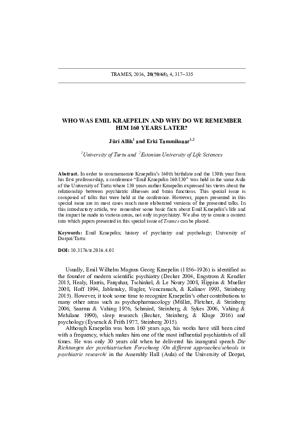(PDF) Who Was Emil Kraepelin and Why Do We Remember Him 160 Years Later?