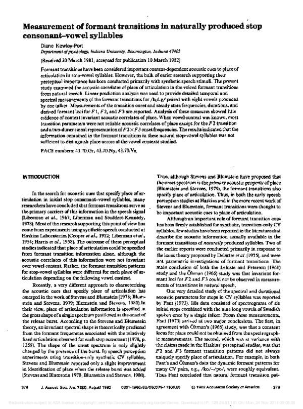 Pdf Measurement Of Formant Transitions In Naturally Produced Stop