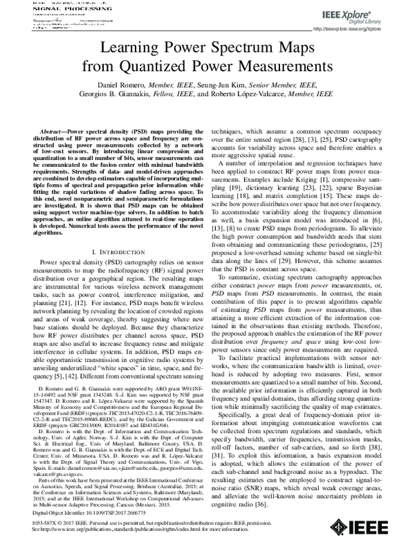 (PDF) Learning Power Spectrum Maps From Quantized Power Measurements